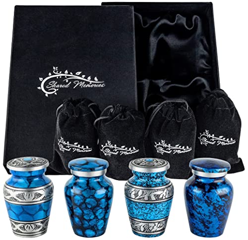 Shared Memories Cremation Urns for Human Ashes - 4 Small Keepsake Mini Urns for Human Ashes | Beautiful Engraved Funeral Urn for Human Ashes in Keepsake Box (Blue, 4)
