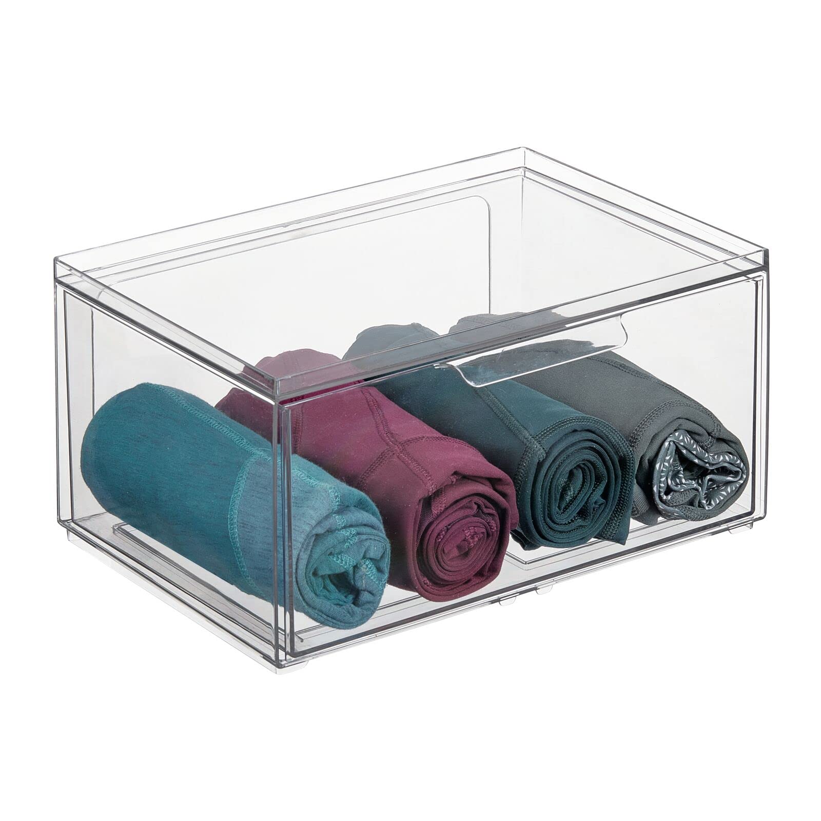 mDesign Plastic Wide Stackable Closet Storage Organizer Bin Containers with Front Pull Drawer for Cabinet, Desk, Shelf, Cupboard, or Dresser Organization - Lumiere Collection - 4 Pack - Clear
