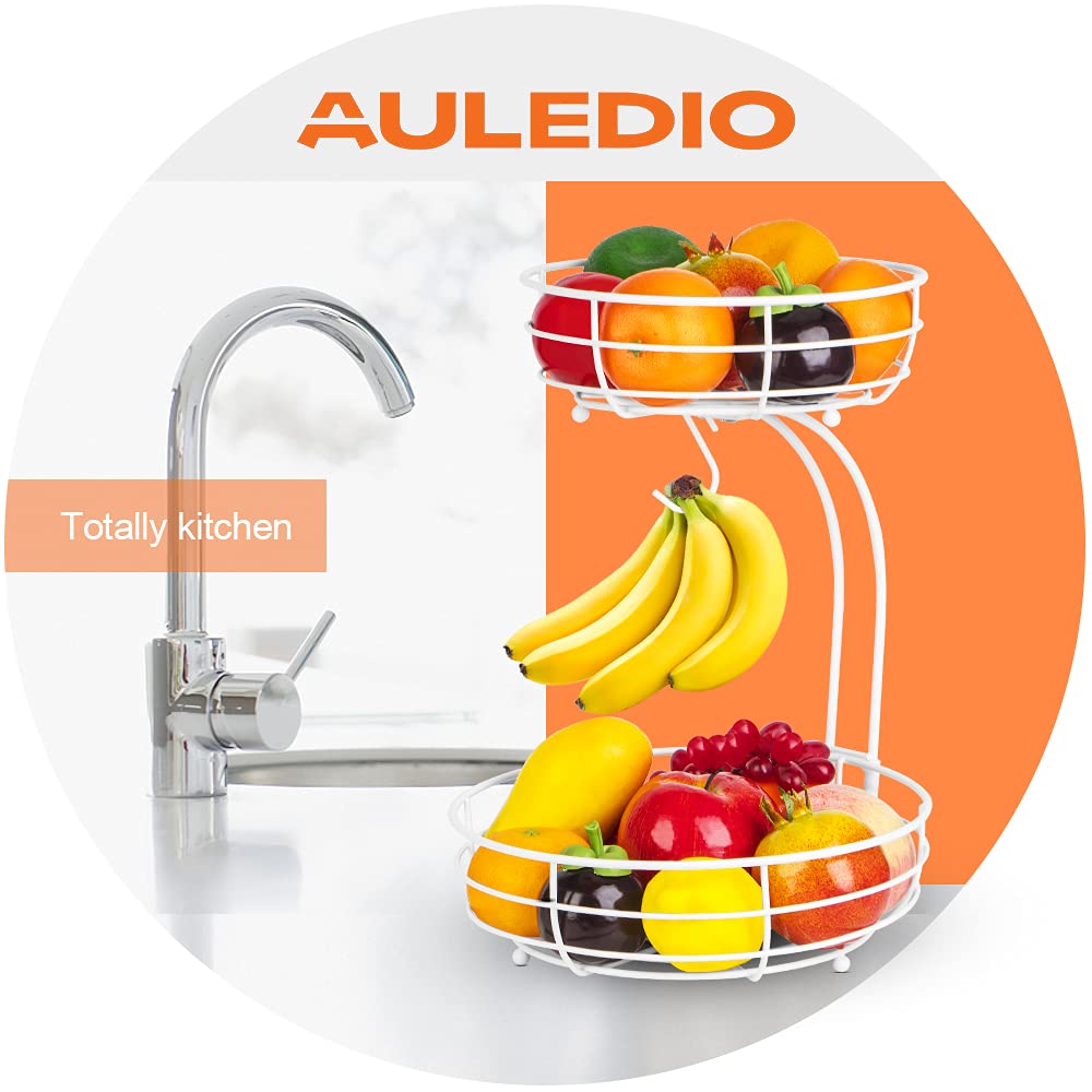 Auledio 2-Tier Fruit Vegetables Basket Bowl Storage With Banana Hanger,Pure White