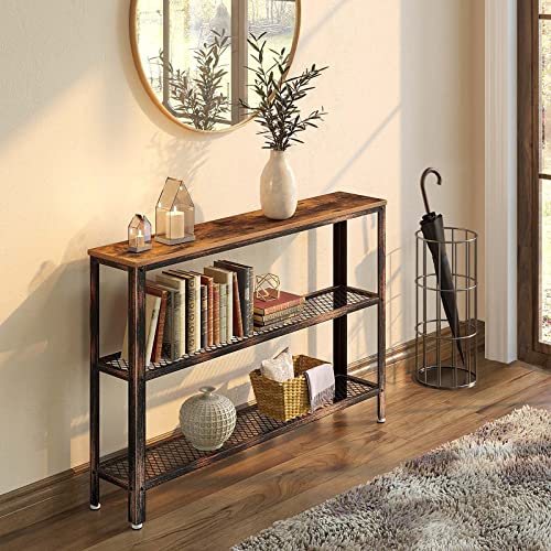 Rolanstar Console Table, Narrow Sofa Table with 2 Mesh Shelves, 47.2β Long Rustic Entryway Table with Retro Metal Frame, Entrance Table for Entryway, Hallway, Living Room, Bedroom