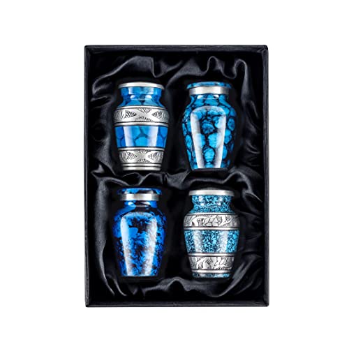 Shared Memories Cremation Urns for Human Ashes - 4 Small Keepsake Mini Urns for Human Ashes | Beautiful Engraved Funeral Urn for Human Ashes in Keepsake Box (Blue, 4)