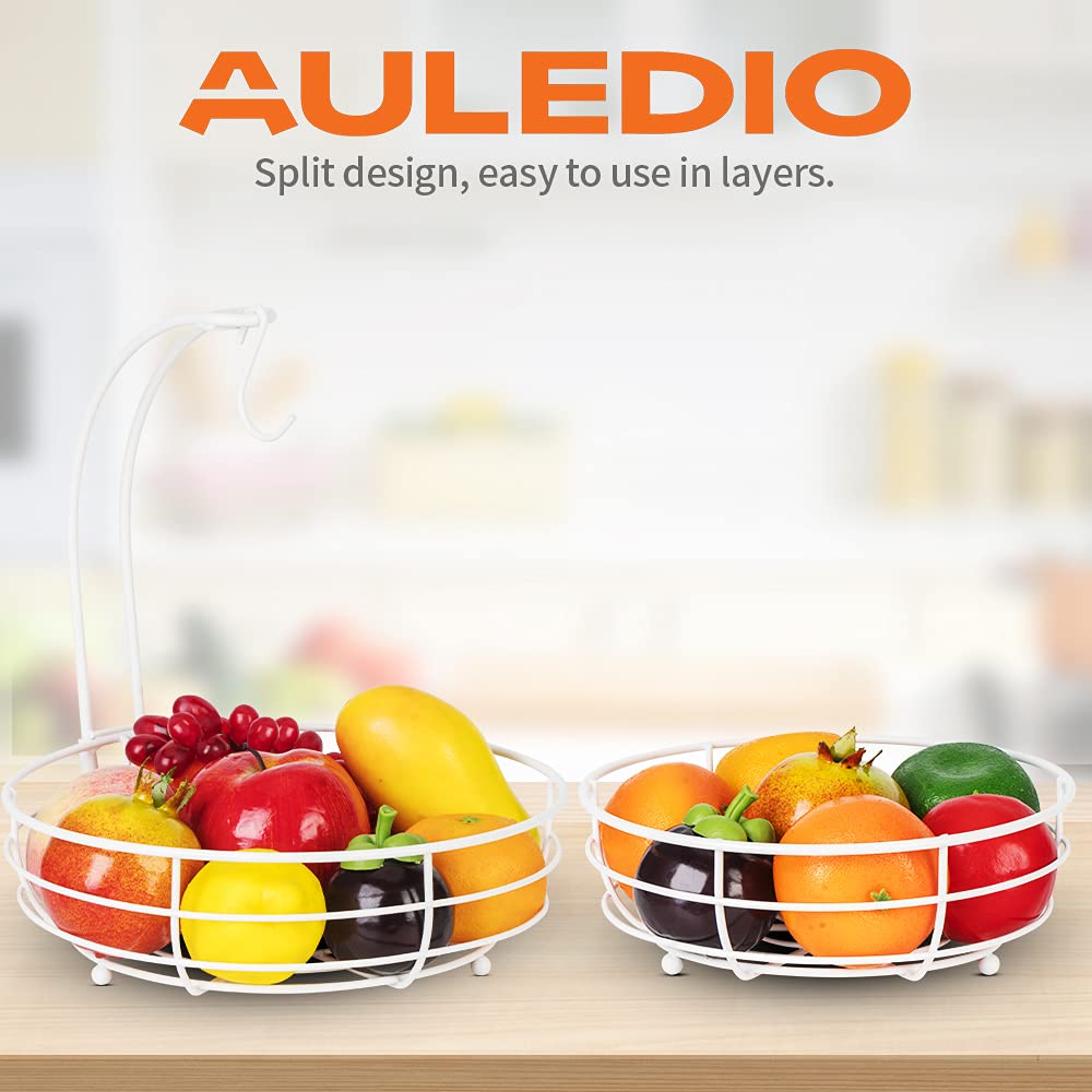Auledio 2-Tier Fruit Vegetables Basket Bowl Storage With Banana Hanger,Pure White