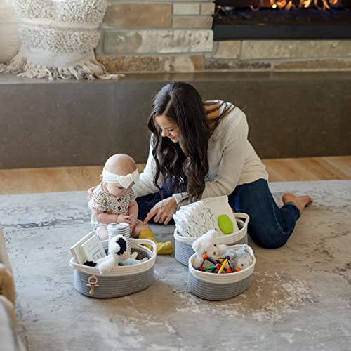 NaturalCozy 3-Piece Oval Storage Basket Set– Natural Rope Woven Baskets for Storage, Gift Basket Empty, Toy Basket, Soft Baby Basket for Nursery, Cat Dog Toy Baskets, Small Basket (Off White & Gray)