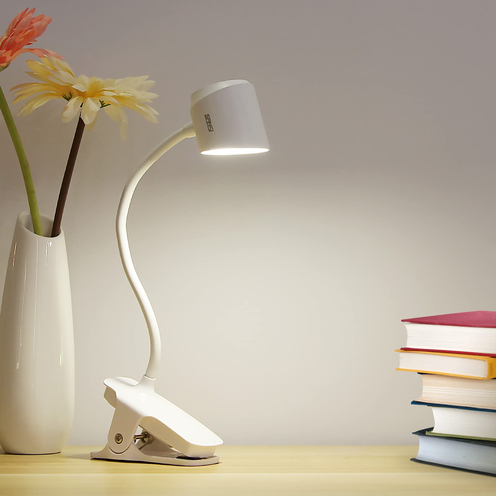 SANSI Clip on Reading Lights, LED Desk Lamp with Flexible Gooseneck, 3 Brightness Level, Clamp Light with Touch Control for Dorm Study Office Bedroom, USB Rechargeable, Eye-Caring, and Energy Saving