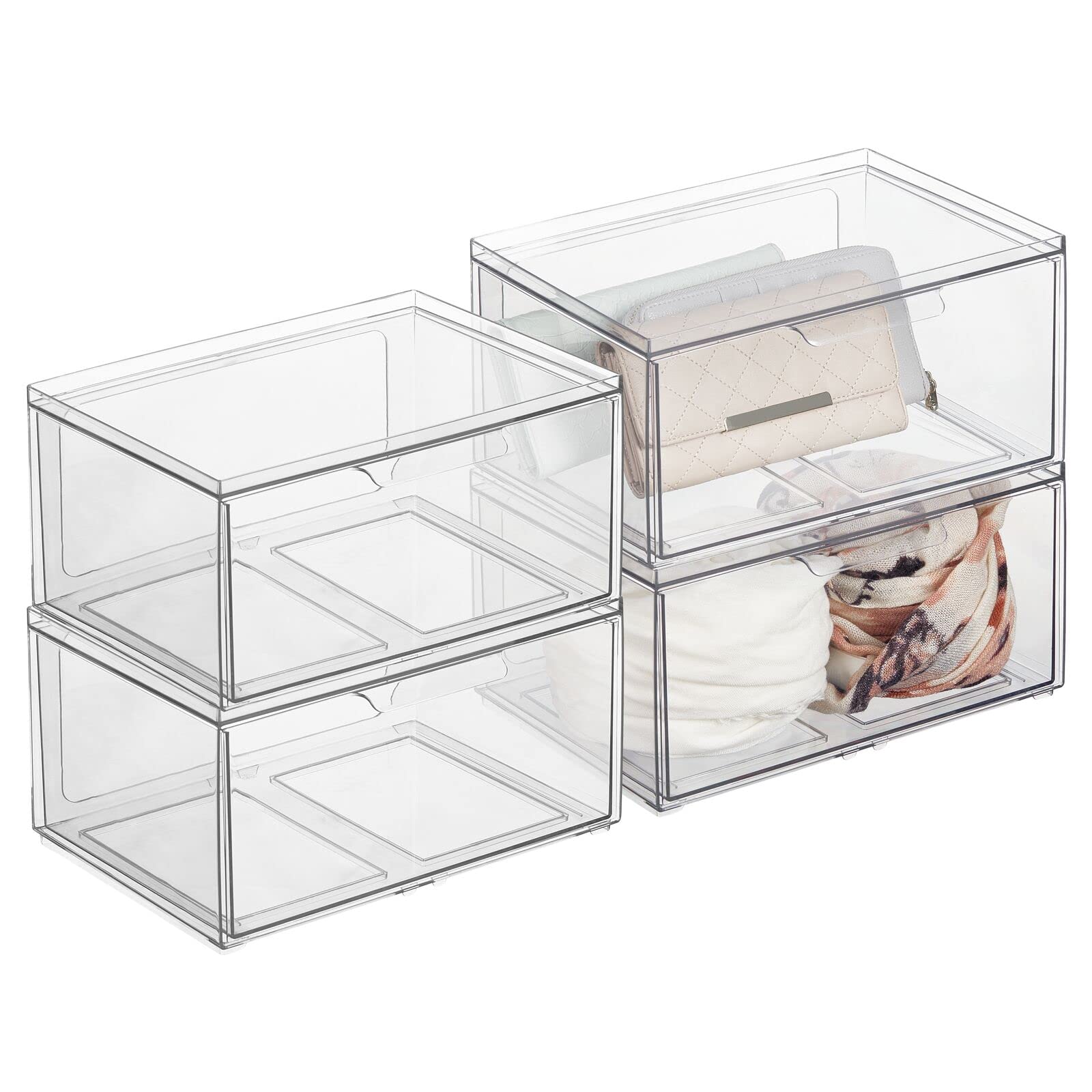 mDesign Plastic Wide Stackable Closet Storage Organizer Bin Containers with Front Pull Drawer for Cabinet, Desk, Shelf, Cupboard, or Dresser Organization - Lumiere Collection - 4 Pack - Clear