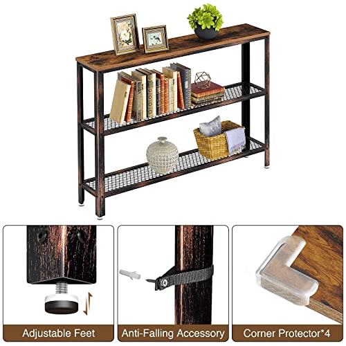 Rolanstar Console Table, Narrow Sofa Table with 2 Mesh Shelves, 47.2β Long Rustic Entryway Table with Retro Metal Frame, Entrance Table for Entryway, Hallway, Living Room, Bedroom