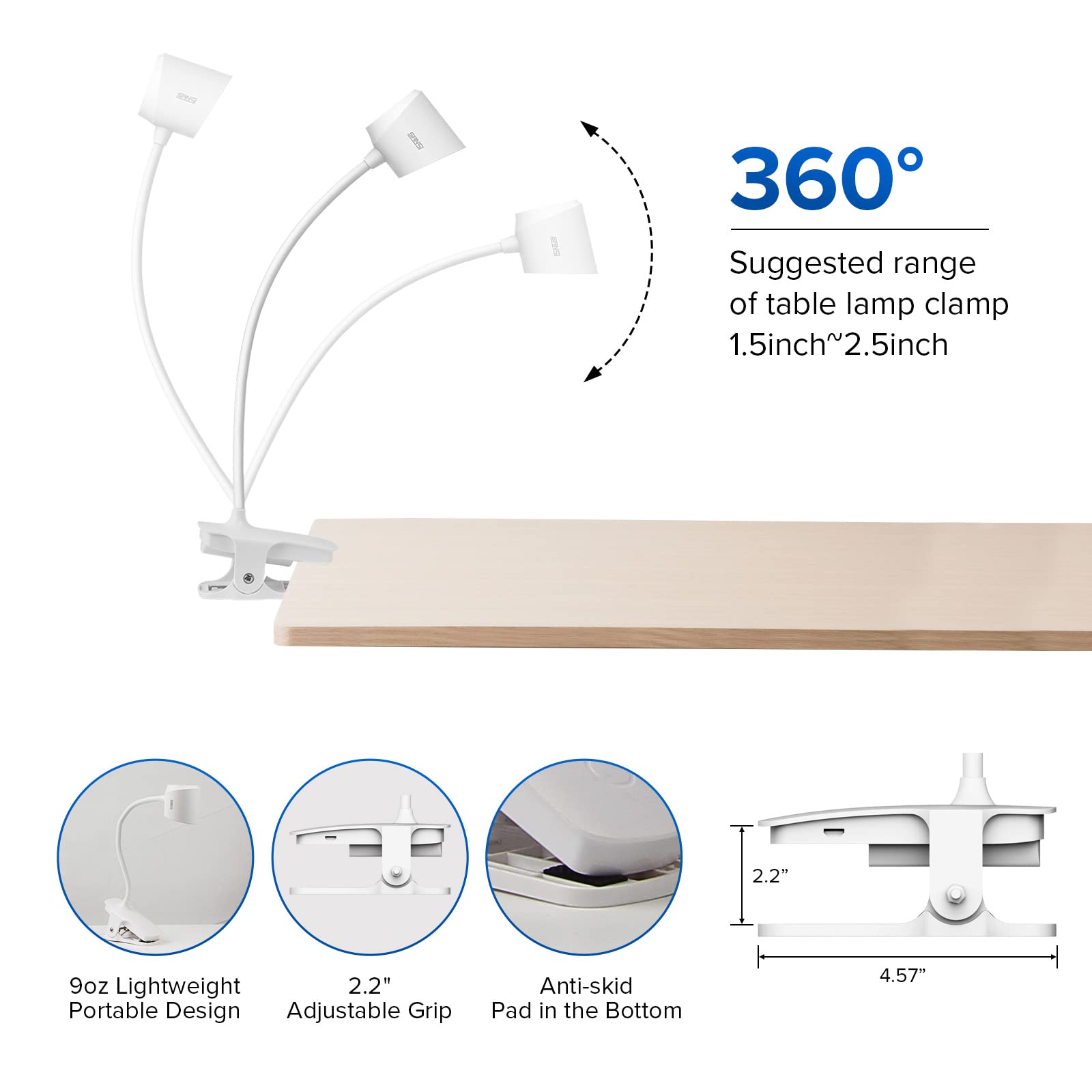 SANSI Clip on Reading Lights, LED Desk Lamp with Flexible Gooseneck, 3 Brightness Level, Clamp Light with Touch Control for Dorm Study Office Bedroom, USB Rechargeable, Eye-Caring, and Energy Saving