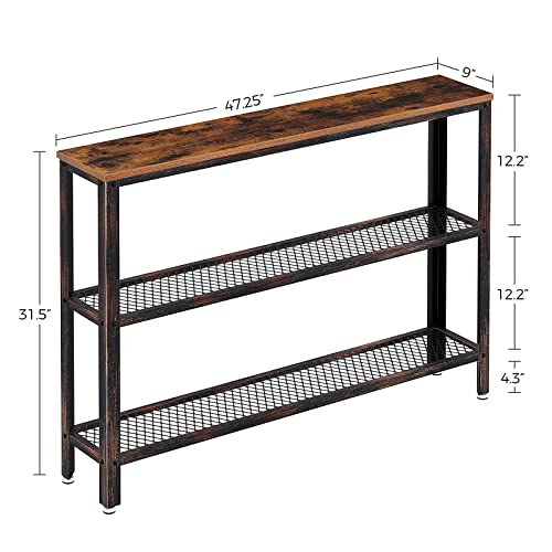 Rolanstar Console Table, Narrow Sofa Table with 2 Mesh Shelves, 47.2β Long Rustic Entryway Table with Retro Metal Frame, Entrance Table for Entryway, Hallway, Living Room, Bedroom