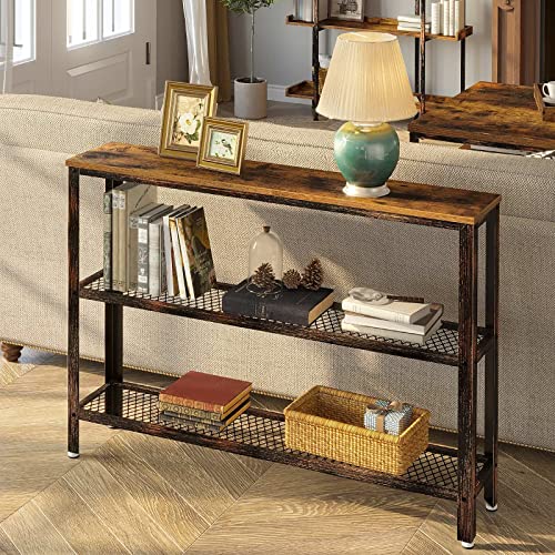 Rolanstar Console Table, Narrow Sofa Table with 2 Mesh Shelves, 47.2β Long Rustic Entryway Table with Retro Metal Frame, Entrance Table for Entryway, Hallway, Living Room, Bedroom