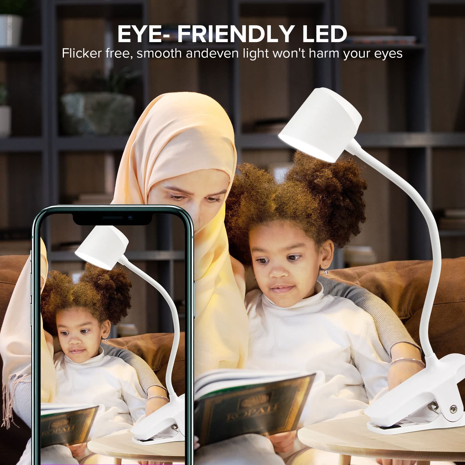 SANSI Clip on Reading Lights, LED Desk Lamp with Flexible Gooseneck, 3 Brightness Level, Clamp Light with Touch Control for Dorm Study Office Bedroom, USB Rechargeable, Eye-Caring, and Energy Saving