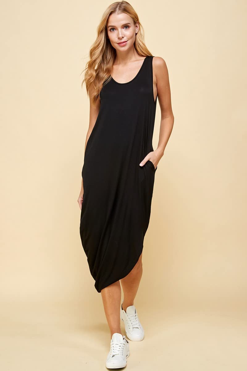 Emma's Closet Women's Tank Dress - Sleeveless Scoop Neck Soft Modal Casual Midi One Piece with Pockets GD2317 Black M