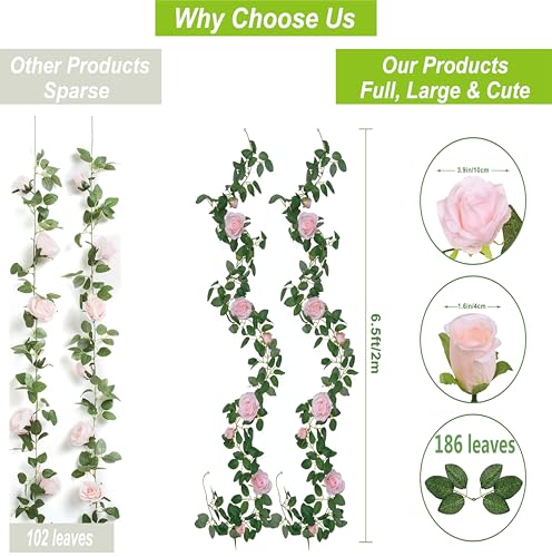 MARTINE MALL 2 Pcs 13.2Ft Artificial Pink Rose Garland, Fake Rose Vine Floral Garland for Wedding Party, Garden, Home, Table, Wall Decor