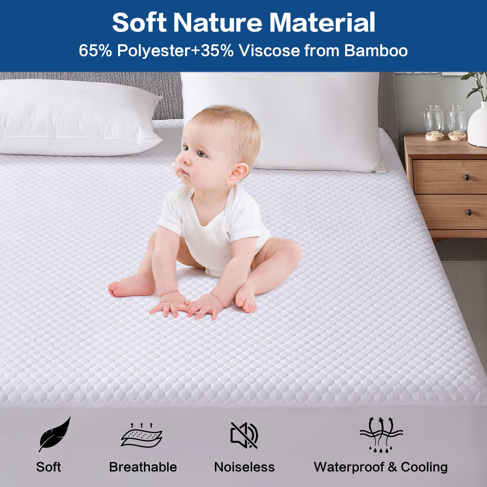 Premium Waterproof Bamboo Mattress Protector Queen Size for Cooling & Breathable,Ultra Soft Mattress Pad Cover,18 Inch Deep Pocket Fitted 8"-21"