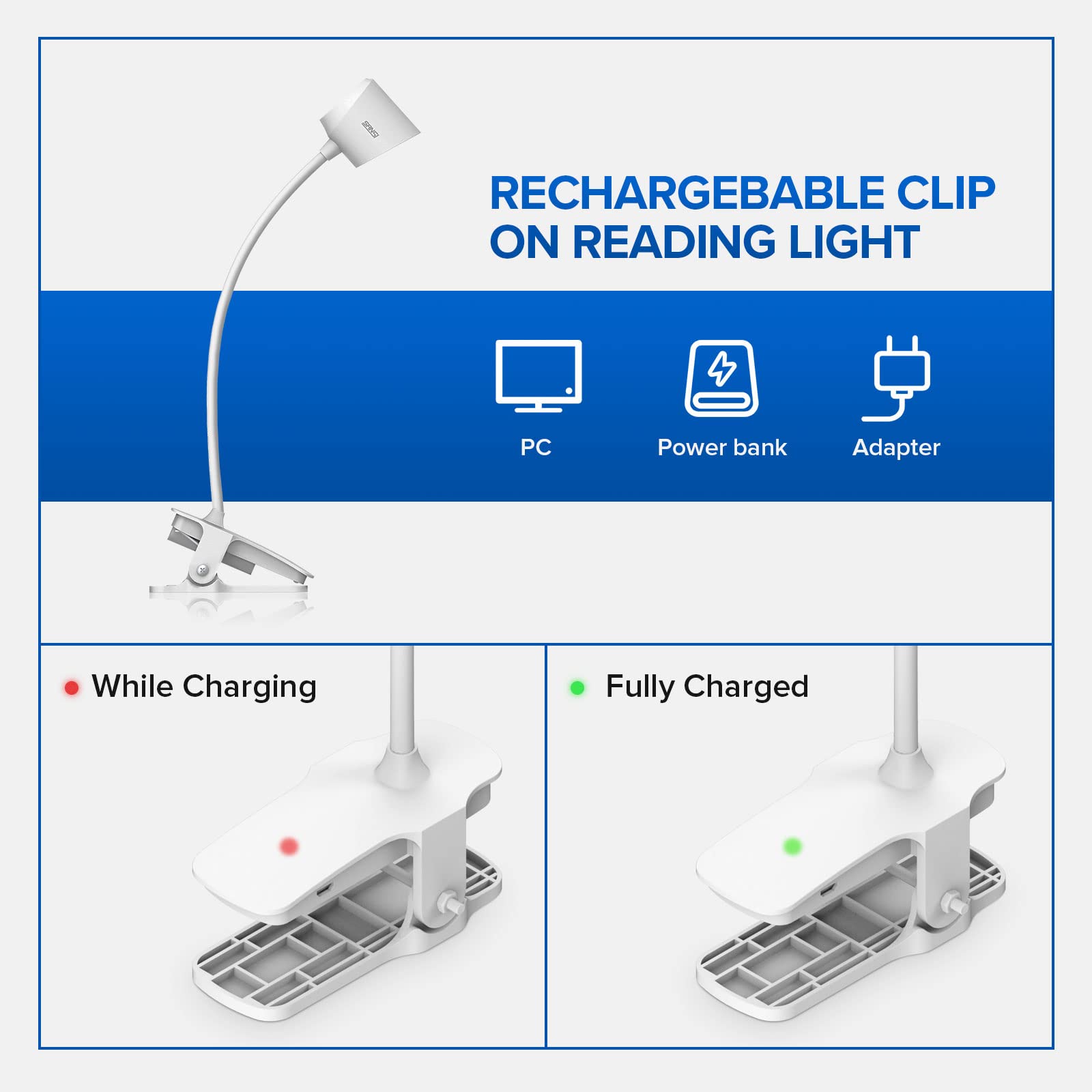 SANSI Clip on Reading Lights, LED Desk Lamp with Flexible Gooseneck, 3 Brightness Level, Clamp Light with Touch Control for Dorm Study Office Bedroom, USB Rechargeable, Eye-Caring, and Energy Saving