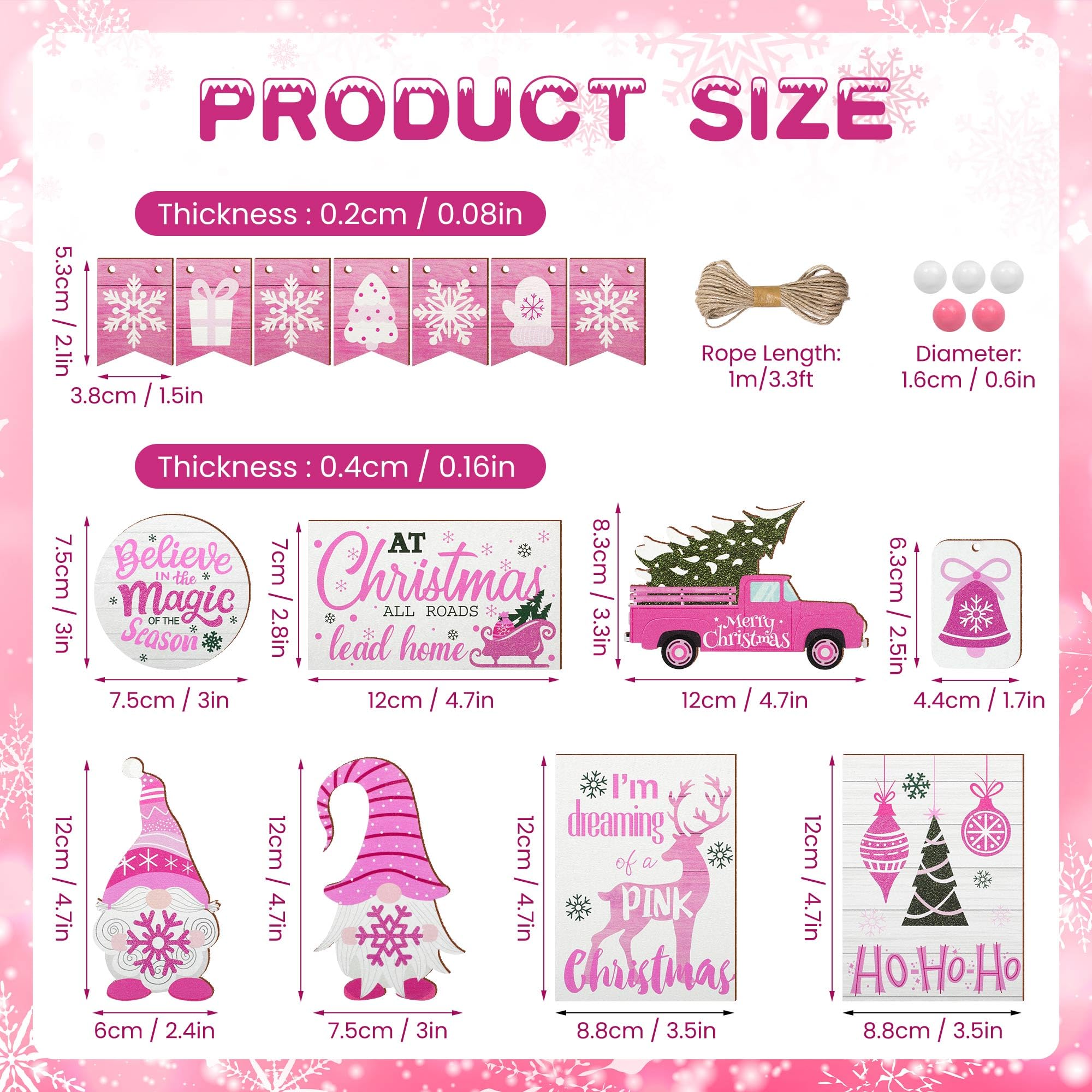 VIDELLY Christmas Tiered Tray Decor Set, 15 Pieces Wood Rustic Farmhouse Table Decor Pink Gnome Elk Snowflakes Bell Christmas Decorations