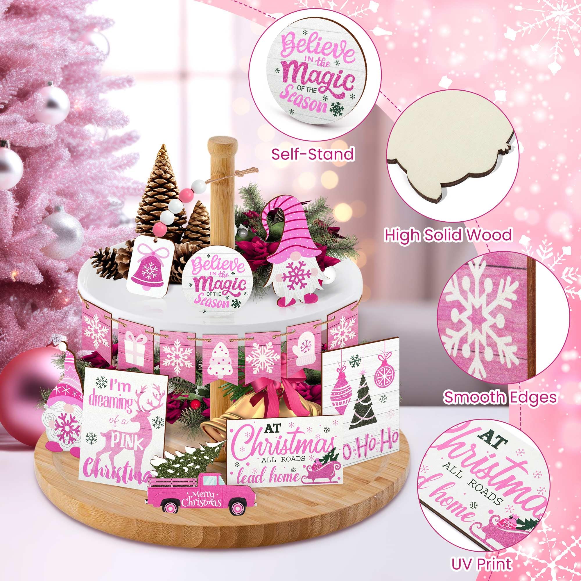 VIDELLY Christmas Tiered Tray Decor Set, 15 Pieces Wood Rustic Farmhouse Table Decor Pink Gnome Elk Snowflakes Bell Christmas Decorations