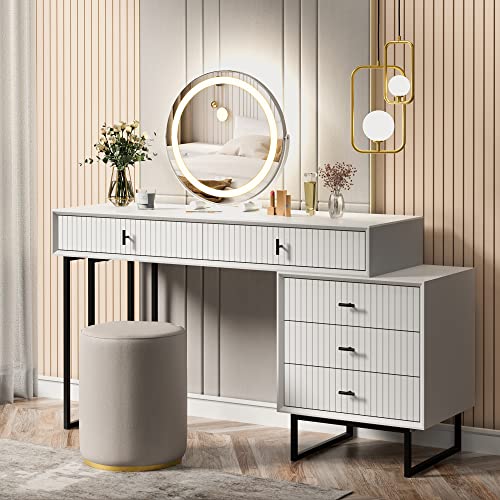 Anbuy White Makeup Vanity Desk with 3-Color Touch Screen Lighted Mirror, Large Modern 5 Drawers Makeup Vanity Table Set with Lights Dressing Table for Women Girls