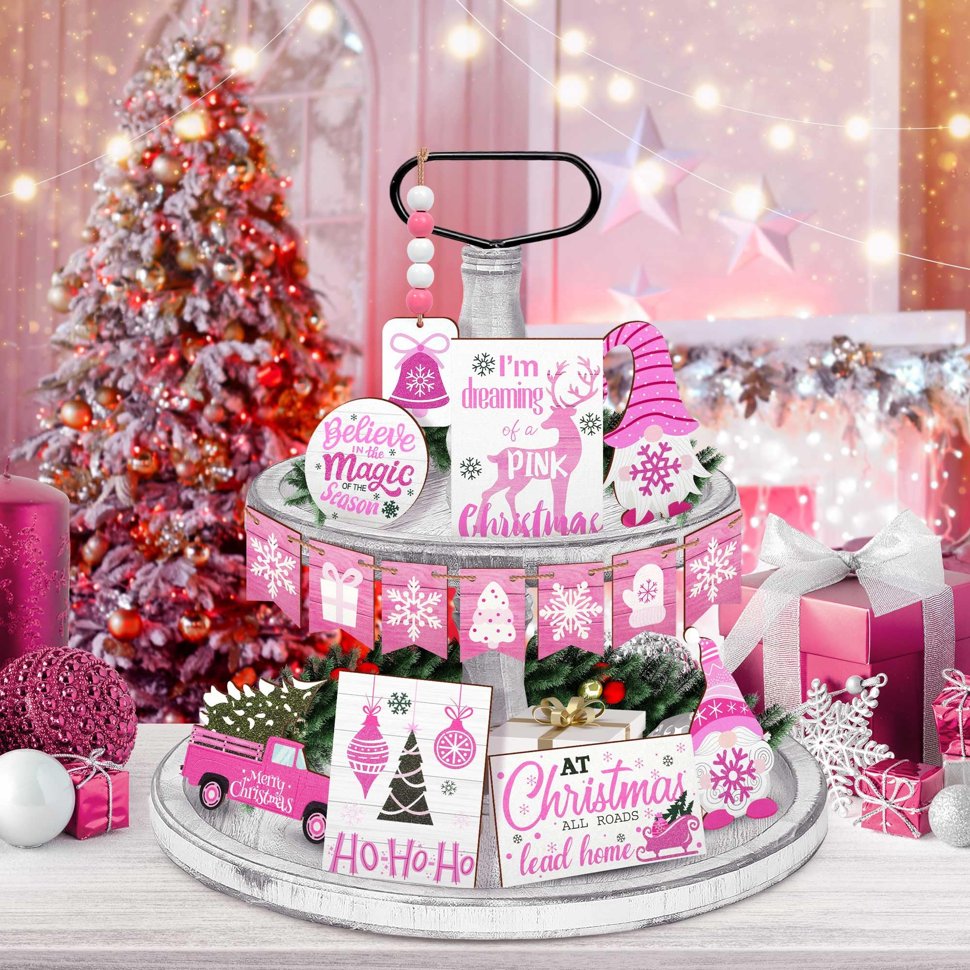 VIDELLY Christmas Tiered Tray Decor Set, 15 Pieces Wood Rustic Farmhouse Table Decor Pink Gnome Elk Snowflakes Bell Christmas Decorations