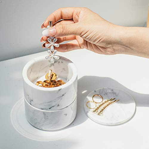 JIMEI Marble Jewelry Box Organizer Two-Tier Resin Storage Container with Removable Lid for Ring Necklace Bracelet Earrings, Rings and Accessories