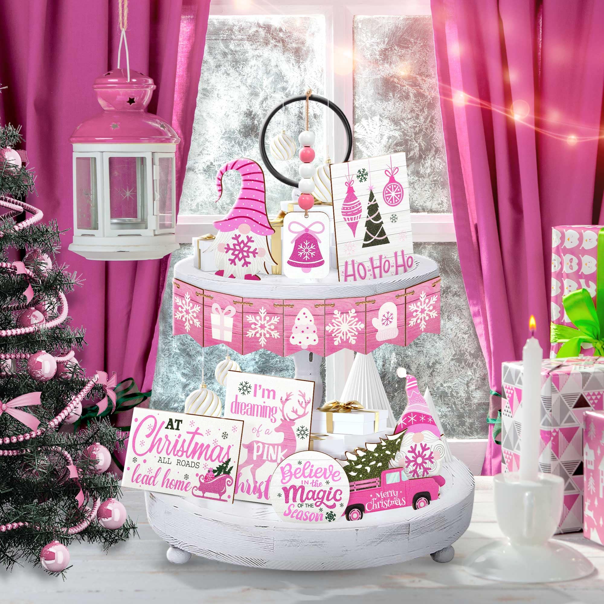 VIDELLY Christmas Tiered Tray Decor Set, 15 Pieces Wood Rustic Farmhouse Table Decor Pink Gnome Elk Snowflakes Bell Christmas Decorations