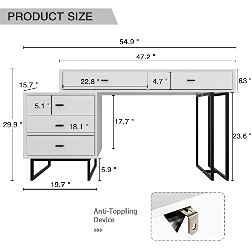Anbuy White Makeup Vanity Desk with 3-Color Touch Screen Lighted Mirror, Large Modern 5 Drawers Makeup Vanity Table Set with Lights Dressing Table for Women Girls