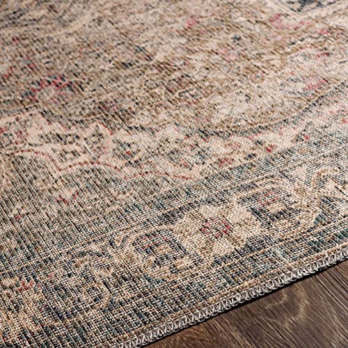 Greenpoint Machine Washable Area Rug - Oriental Persian Traditional Medallion - Bohemian Vintage Distressed Carpet - Brown, Beige - 6'7"x9'