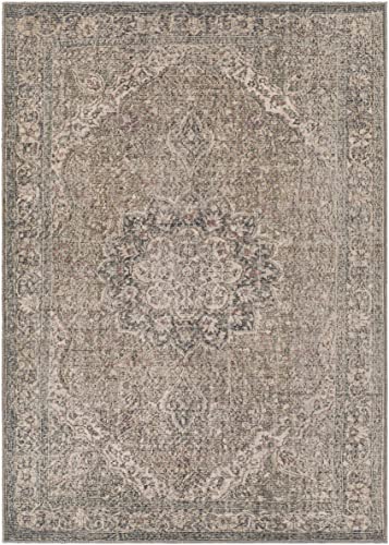 Greenpoint Machine Washable Area Rug - Oriental Persian Traditional Medallion - Bohemian Vintage Distressed Carpet - Brown, Beige - 6'7"x9'