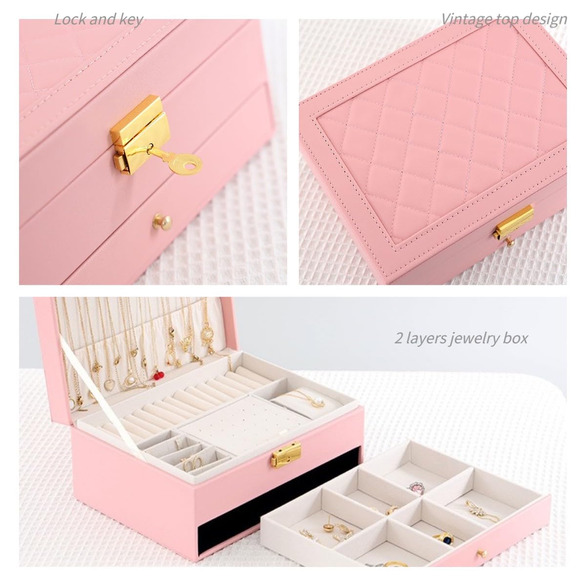 GUOER Jewelry Organizer Box for Women - Large PU Leather Jewelry Organizer Storage Case with Two Layers Display for Earrings Bracelets Rings Watches (Pink)