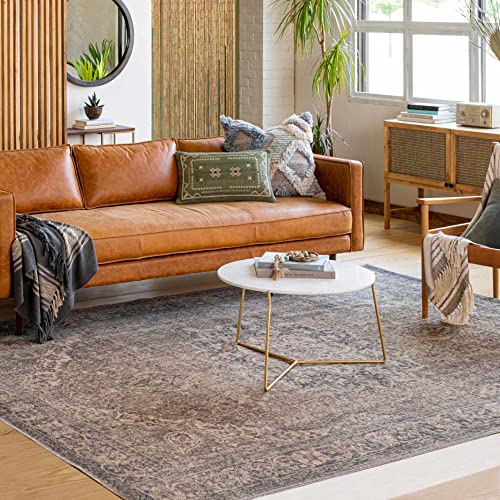 Greenpoint Machine Washable Area Rug - Oriental Persian Traditional Medallion - Bohemian Vintage Distressed Carpet - Brown, Beige - 6'7"x9'