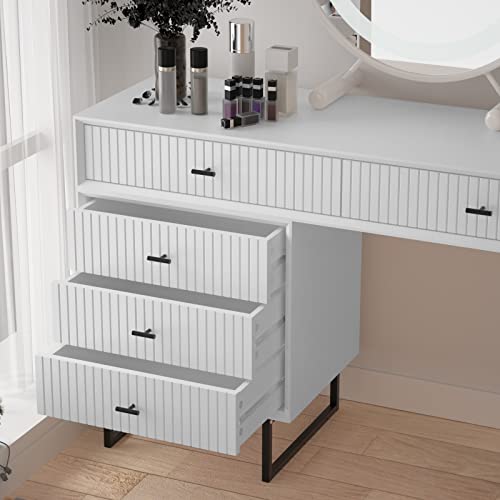 Anbuy White Makeup Vanity Desk with 3-Color Touch Screen Lighted Mirror, Large Modern 5 Drawers Makeup Vanity Table Set with Lights Dressing Table for Women Girls