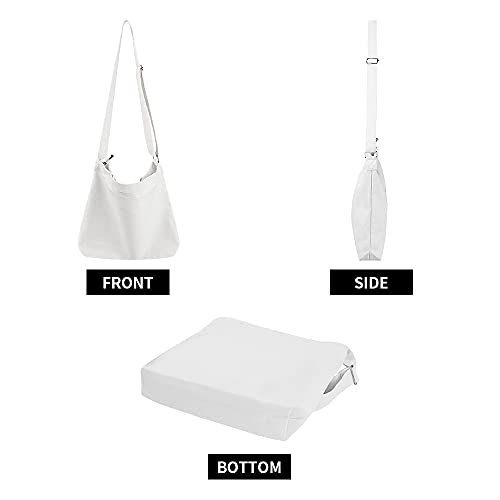 Muka Canvas Shoulder Bag with Zipper, White Hobo Crossbody Handbag Casual Tote