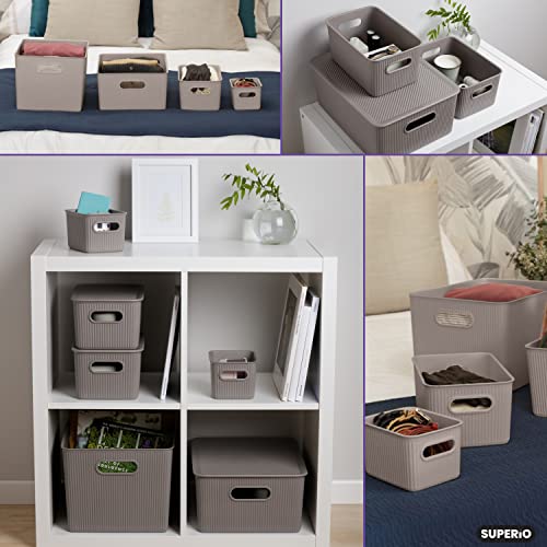 Superio Decorative Plastic Open Home Storage Bins Organizer Baskets, Medium Taupe (4 Pack) Container Boxes for Organizing Closet Shelves Drawer Shelf - Ribbed Collection 5 Liter
