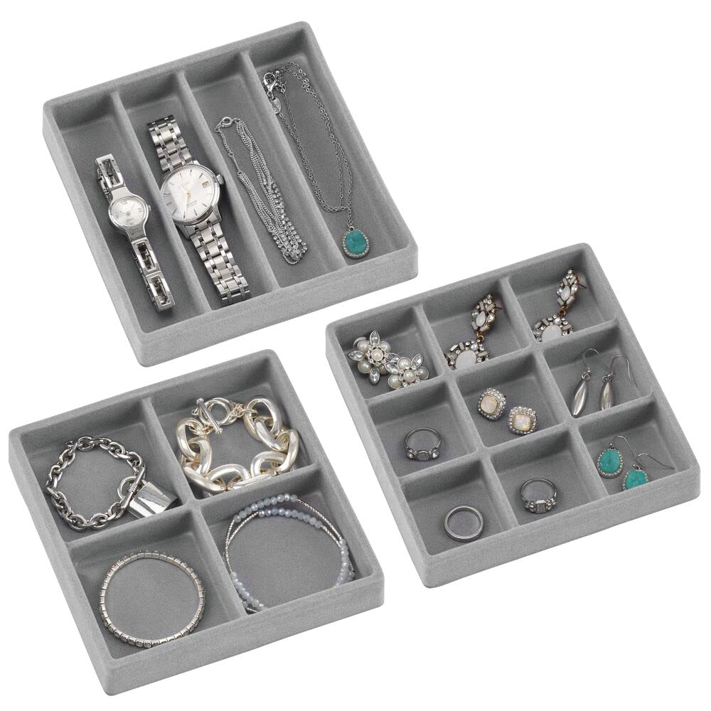 mDesign Plastic Small 3-Drawer Jewelry Organizer Box for Storage on Dresser, Vanity, Countertop - Holds Earrings, Bracelets, Necklaces, Bangles, Rings, 2 Pack - White/Gray