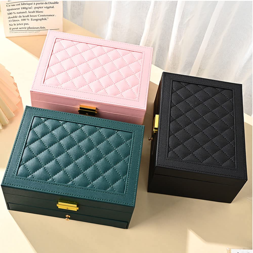GUOER Jewelry Organizer Box for Women - Large PU Leather Jewelry Organizer Storage Case with Two Layers Display for Earrings Bracelets Rings Watches (Pink)