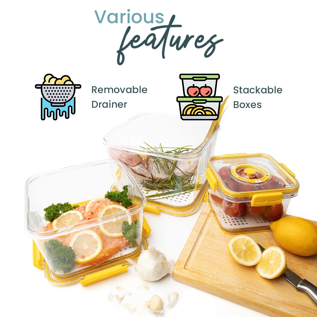 DMagazi Fruit Storage Containers for Fridge | 3 Set Fruit and Vegetable Storage Containers for Organizing with Strainer | Stackable Food Storage Containers With Lids Airtight
