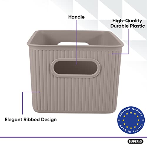 Superio Decorative Plastic Open Home Storage Bins Organizer Baskets, Medium Taupe (4 Pack) Container Boxes for Organizing Closet Shelves Drawer Shelf - Ribbed Collection 5 Liter