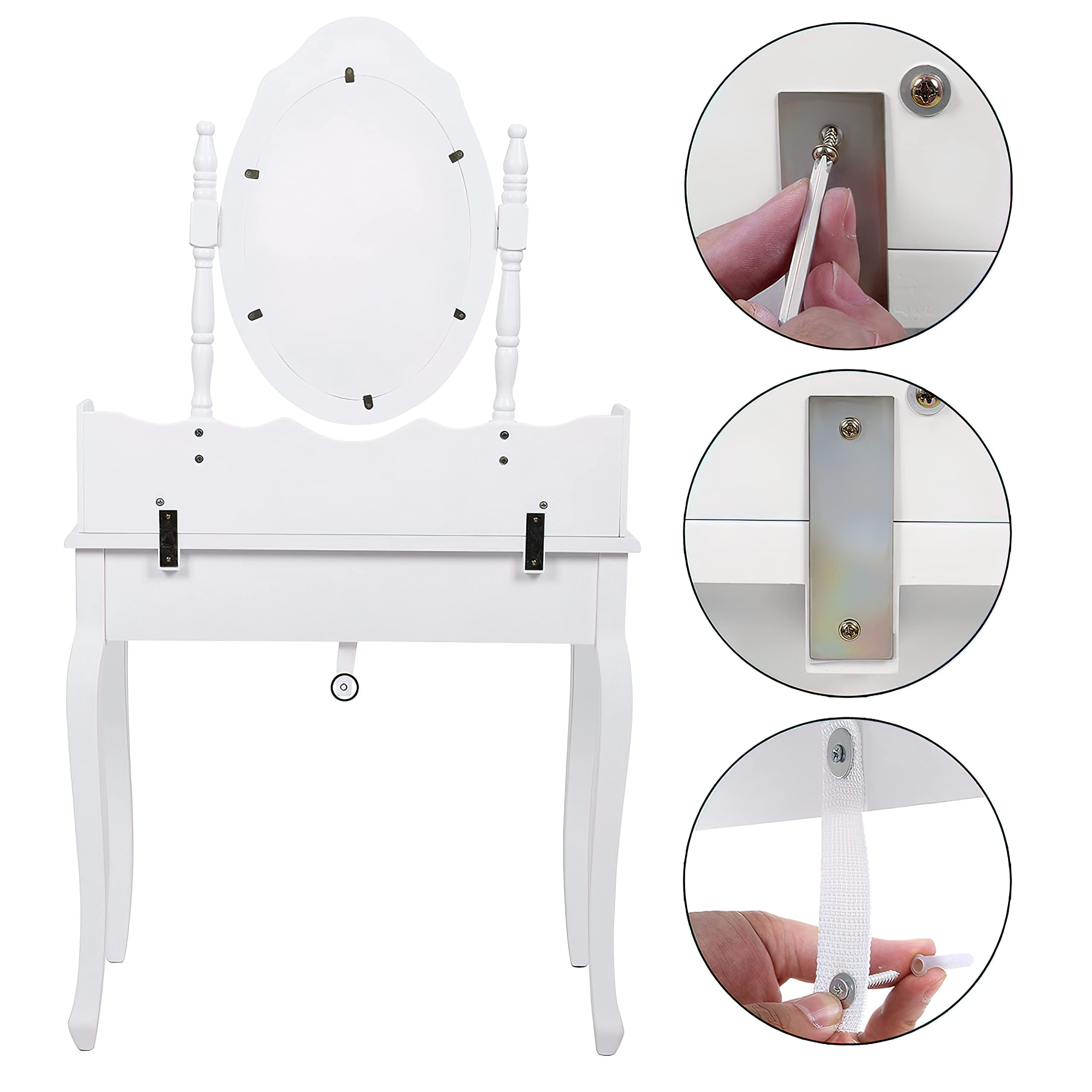 The Urban Port Ren 30-Inch 3-Piece Vanity Desk Set with Rotating Mirror and Matching Stool, 4 Drawers, Solid Wood, Pure White