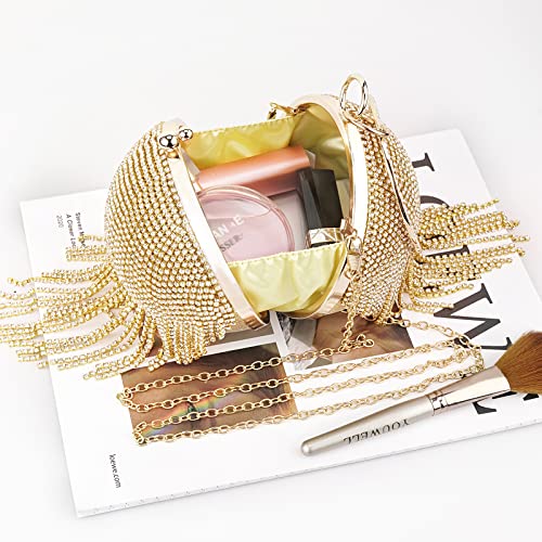 Small Round Ball Evening Clutch Purse, Rhinestone Lady Party Wedding Crossbody Shoulder Bag, Women Ring Handle Handbag (Gold)