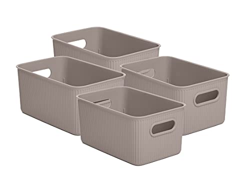 Superio Decorative Plastic Open Home Storage Bins Organizer Baskets, Medium Taupe (4 Pack) Container Boxes for Organizing Closet Shelves Drawer Shelf - Ribbed Collection 5 Liter
