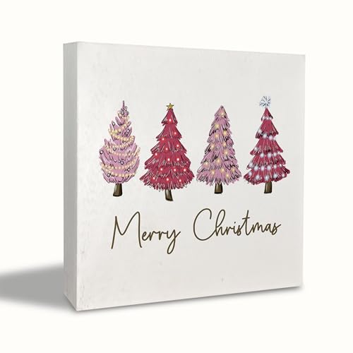 Pink Christmas Sign,Pink Christmas Decorations,Christmas Tree Merry Christmas Sign,Christmas Sign Wood Plaque,Merry Christmas Sign for Table,Christmas Signs for Home Decor