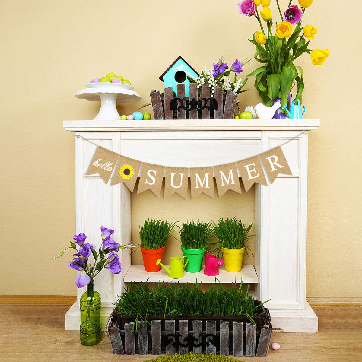 Jute Burlap Hello Summer Banner with Sunflower Summer Party Mantel Fireplace Decoration