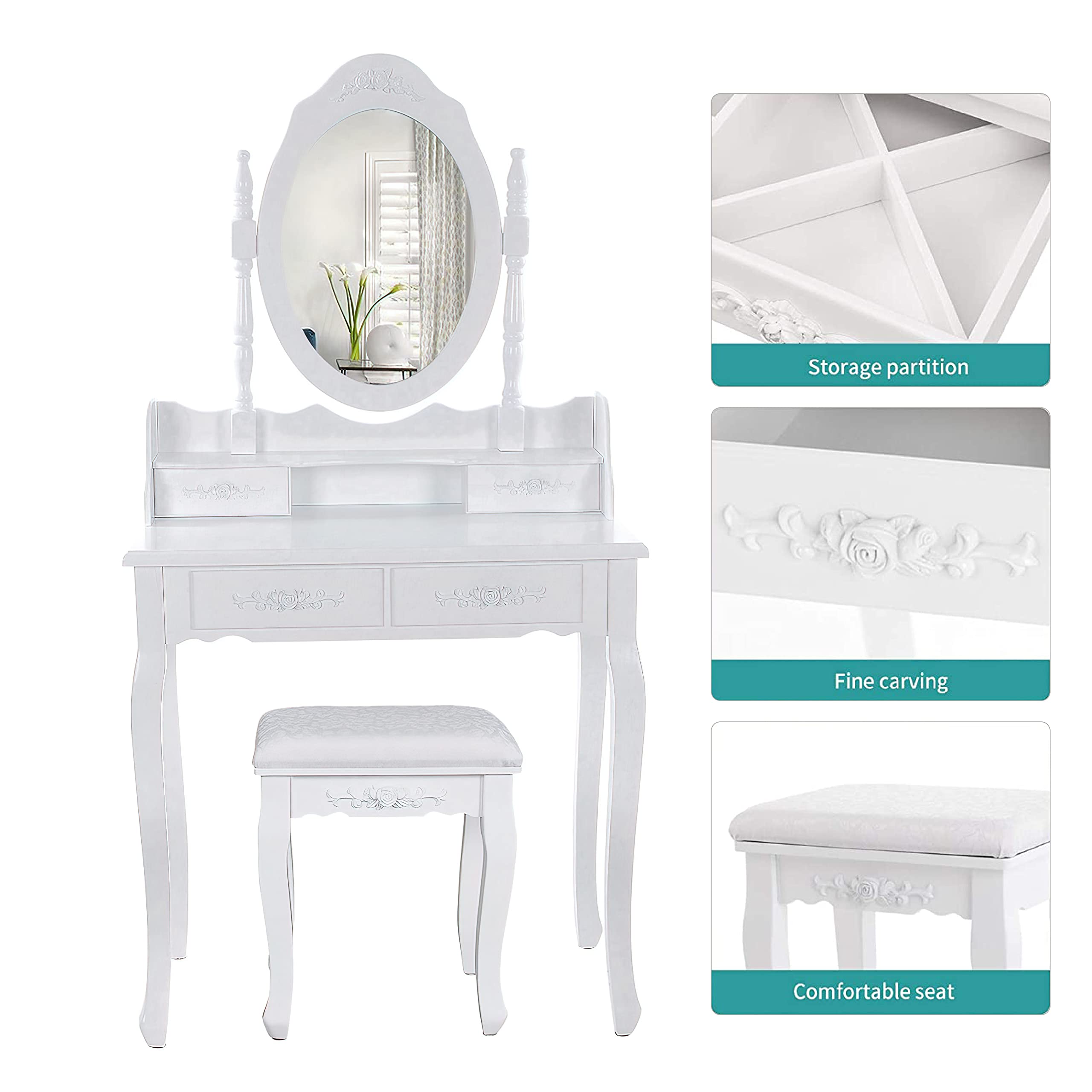 The Urban Port Ren 30-Inch 3-Piece Vanity Desk Set with Rotating Mirror and Matching Stool, 4 Drawers, Solid Wood, Pure White