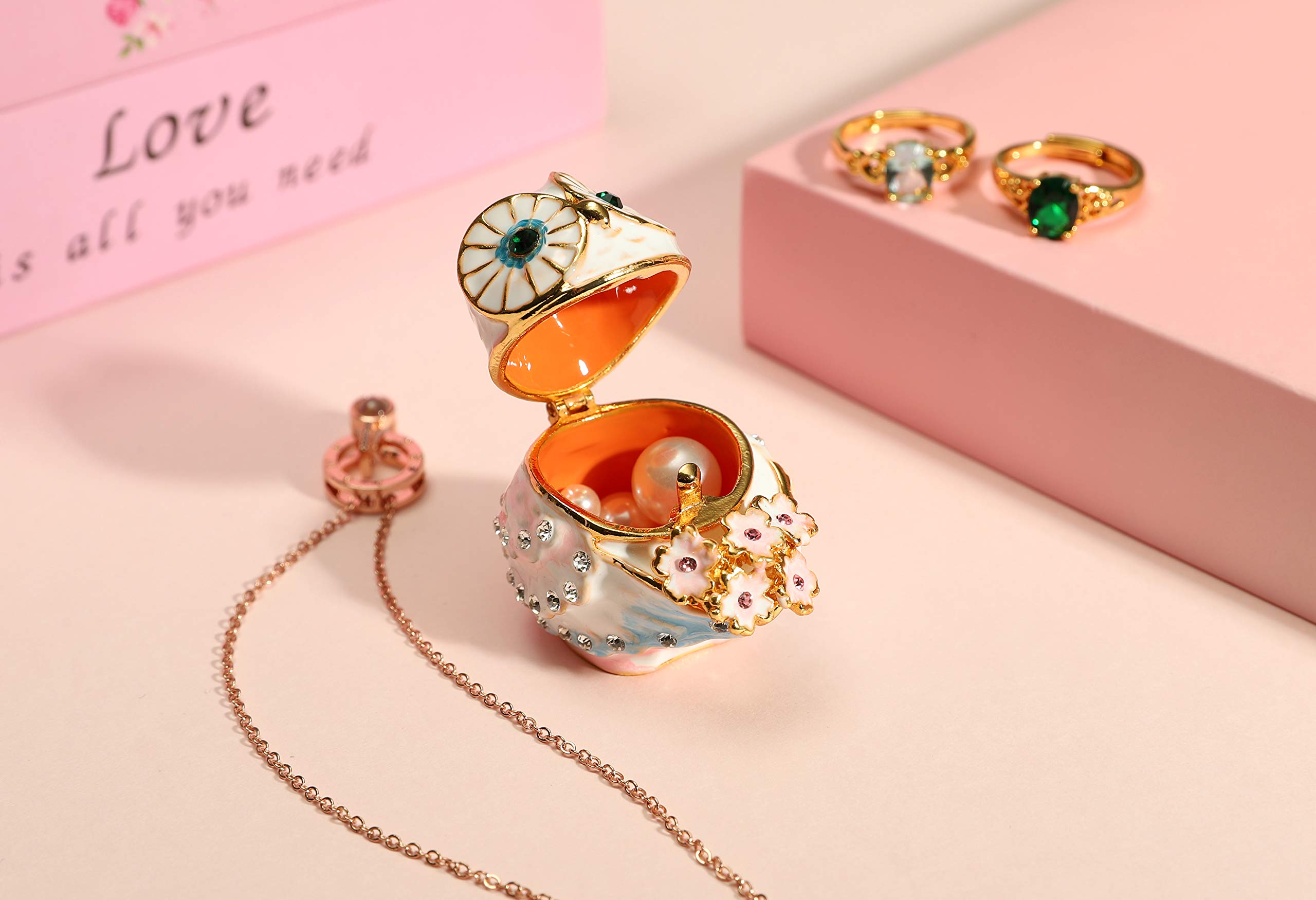 Furuida Cute Big Eyes Owl Holding Pink Bouquet Trinket Box with Hinged Classic Animal Ornaments Unique Gift for Family