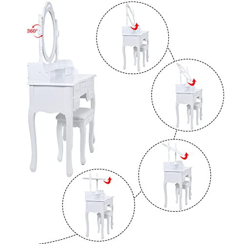 The Urban Port Ren 30-Inch 3-Piece Vanity Desk Set with Rotating Mirror and Matching Stool, 4 Drawers, Solid Wood, Pure White