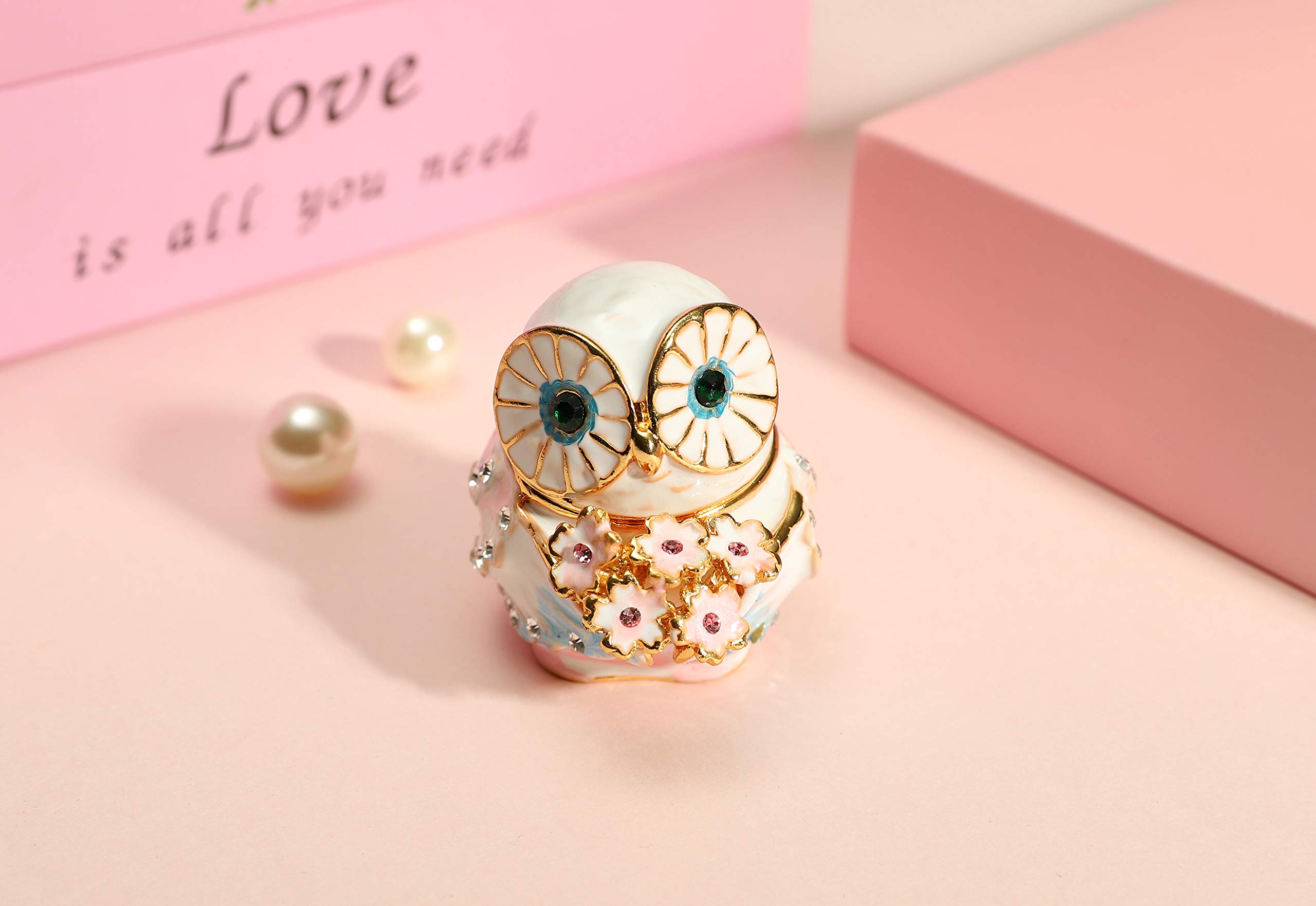 Furuida Cute Big Eyes Owl Holding Pink Bouquet Trinket Box with Hinged Classic Animal Ornaments Unique Gift for Family