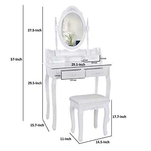 The Urban Port Ren 30-Inch 3-Piece Vanity Desk Set with Rotating Mirror and Matching Stool, 4 Drawers, Solid Wood, Pure White