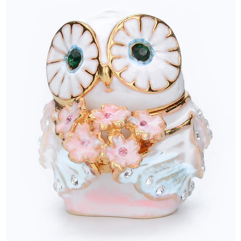 Furuida Cute Big Eyes Owl Holding Pink Bouquet Trinket Box with Hinged Classic Animal Ornaments Unique Gift for Family