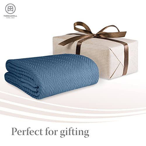 Threadmill Luxury Cotton Blankets for King Size bed | All-Season Cozy 100% Cotton King Size Blanket | Herringbone Soft & Lightweight Fall Thermal Blanket fits Cal King Size Bed | Folkstone Blue