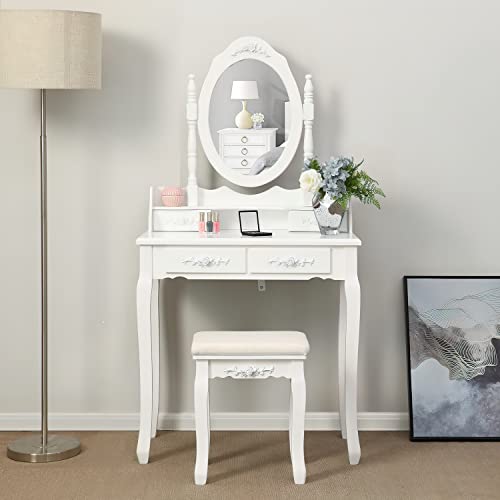 The Urban Port Ren 30-Inch 3-Piece Vanity Desk Set with Rotating Mirror and Matching Stool, 4 Drawers, Solid Wood, Pure White