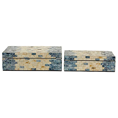 Deco 79 Mother of Pearl Handmade Box with Hinged Lid, Set of 2 14", 12"W, Blue